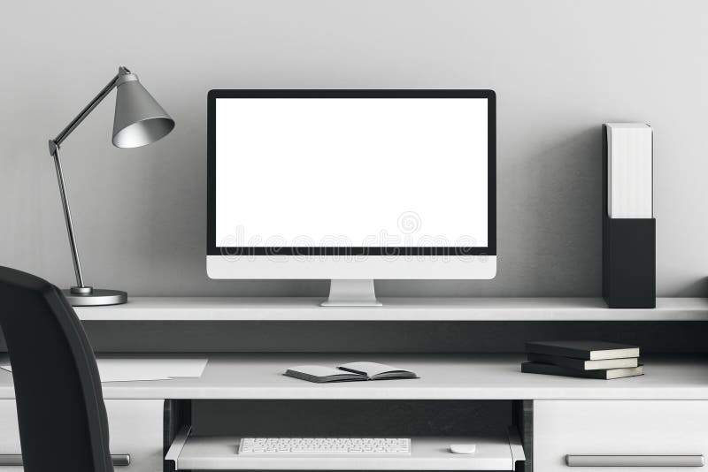Modern Desktop with White Laptop Stock Illustration - Illustration of ...