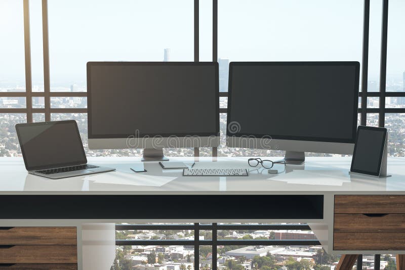 Modern Designer Desktop with Two Black Computer Screen Stock ...