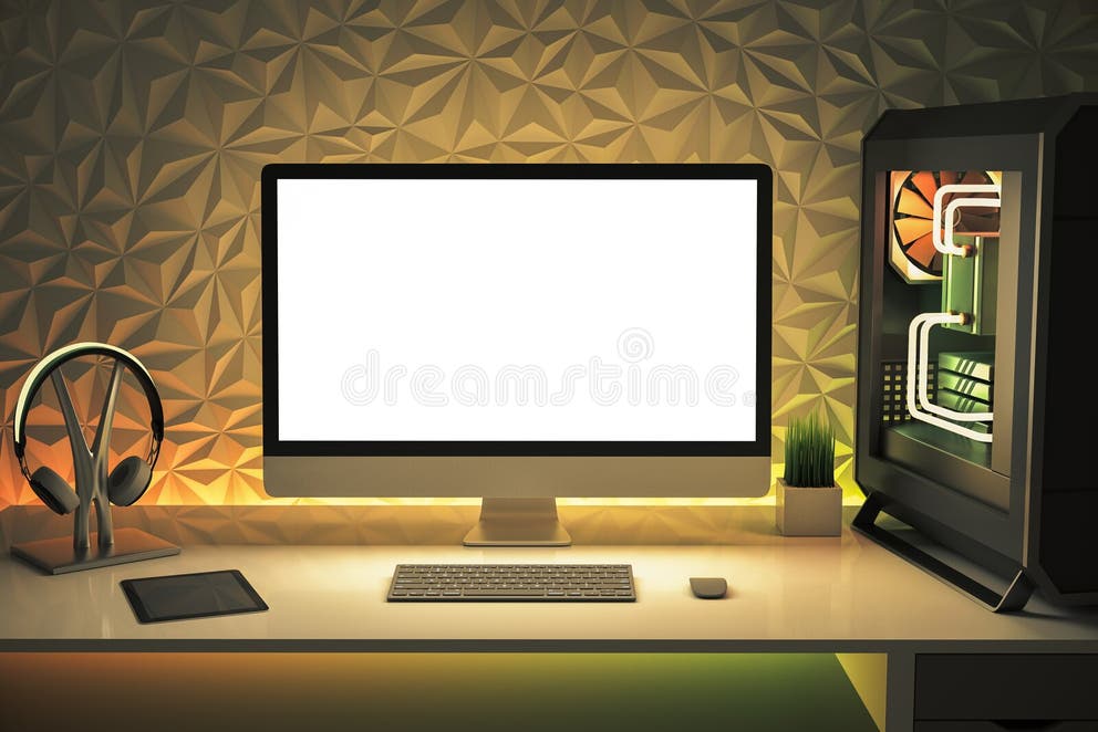 Modern Designer Desktop with White Computer Screen Stock Illustration ...