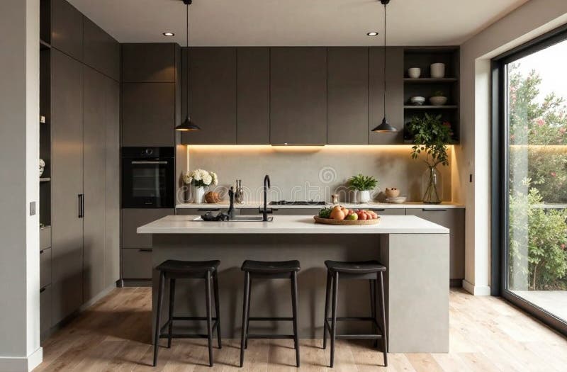 Modern Designer Kitchen Interior in Dark Tones. Large Kitchen with ...