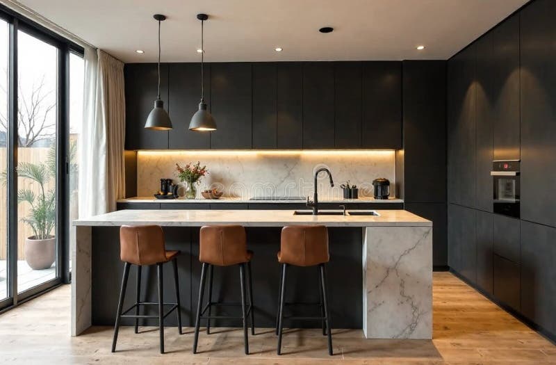 Modern Designer Kitchen Interior in Dark Tones. Large Kitchen with ...