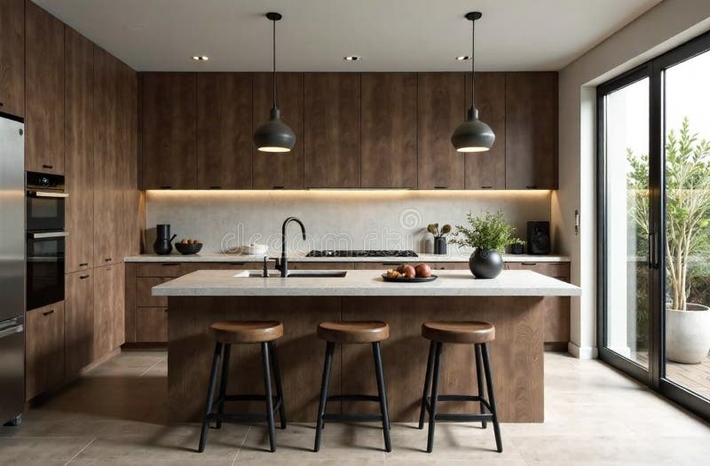 Modern Designer Kitchen Interior in Dark Tones. Large Kitchen with ...