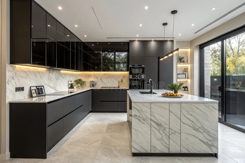 Modern Designer Kitchen with Marble Island Stock Illustration ...