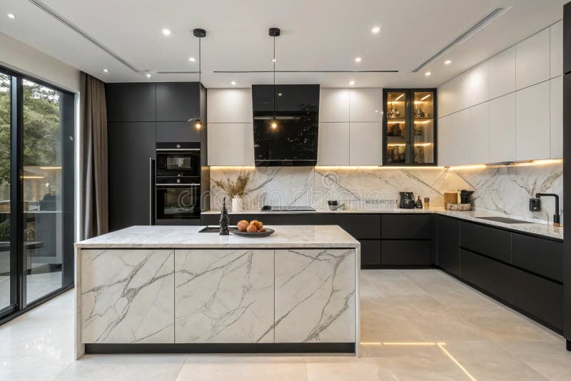 Modern Designer Kitchen with Marble Island Stock Illustration ...