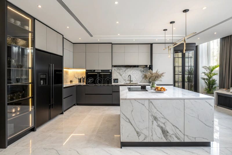 Modern Designer Kitchen with Marble Island Stock Illustration ...