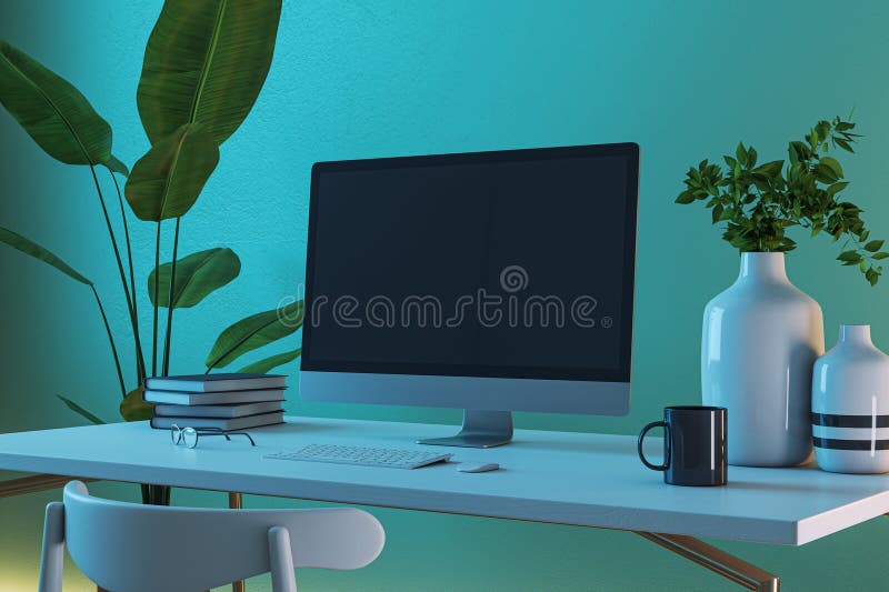Modern Designer Office Interior with Empty Computer Monitor, White ...