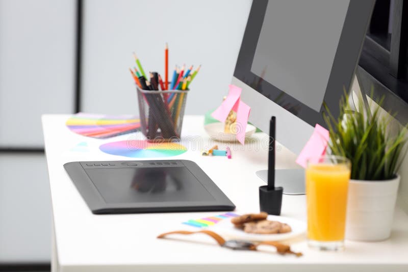 Designer`s Workplace with Graphic Tablet and Computer Stock Image ...