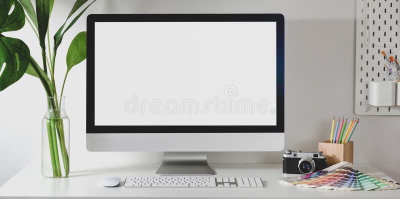 Modern Designer Workplace with Blank Screen Desktop Computer with ...