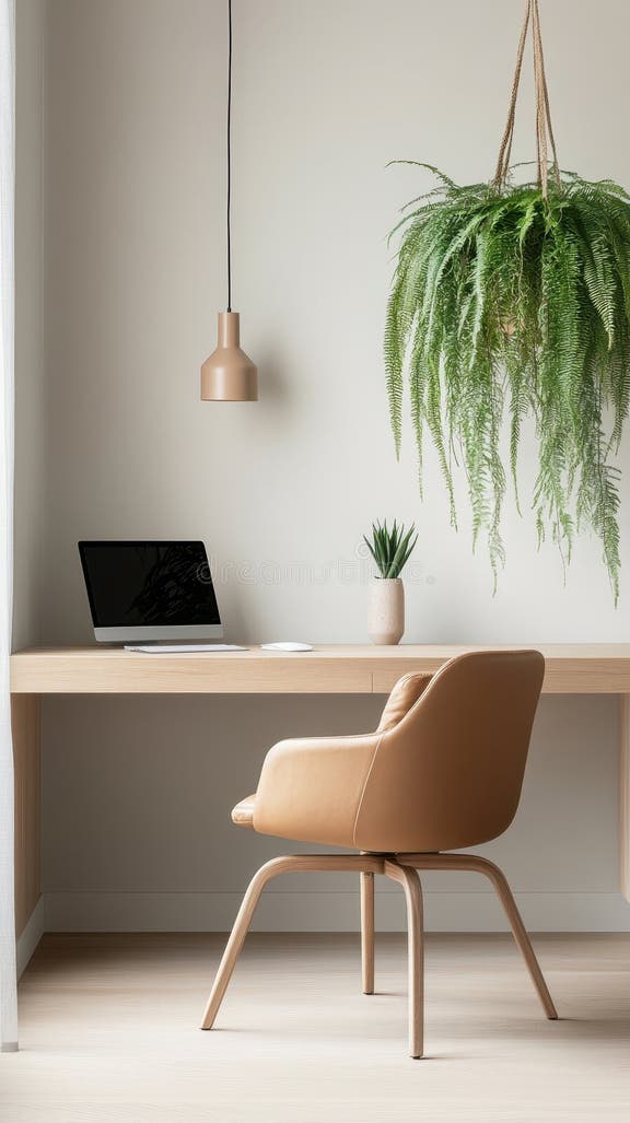 Modern Desk with Computer and Hanging Greenery Stock Photo - Image of ...