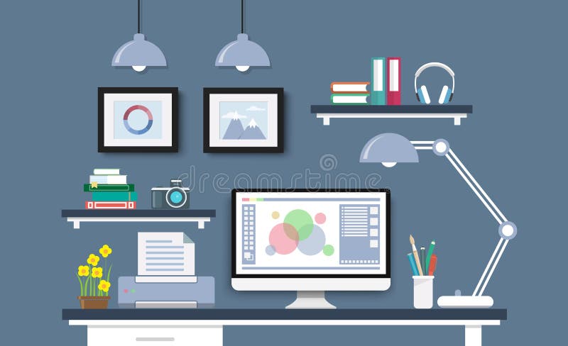 Modern Desk with Computer Set, Documents and Stationery. Workplace for ...