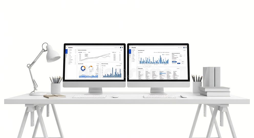 Modern Desk with Data Charts on Computer Screens in Minimalist ...