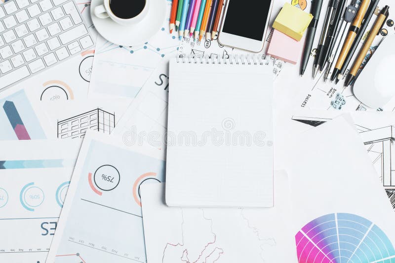 Modern Desk with Devices and Supplies Stock Image - Image of desk ...