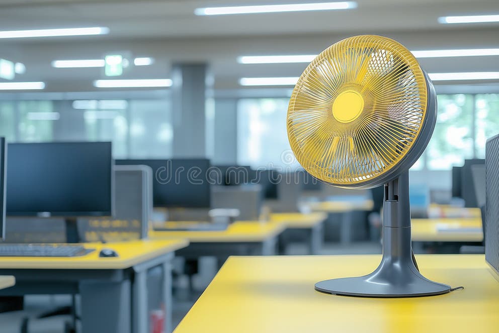 Modern Desk Fan in Bright Office Setting, Providing Refreshing Breeze ...