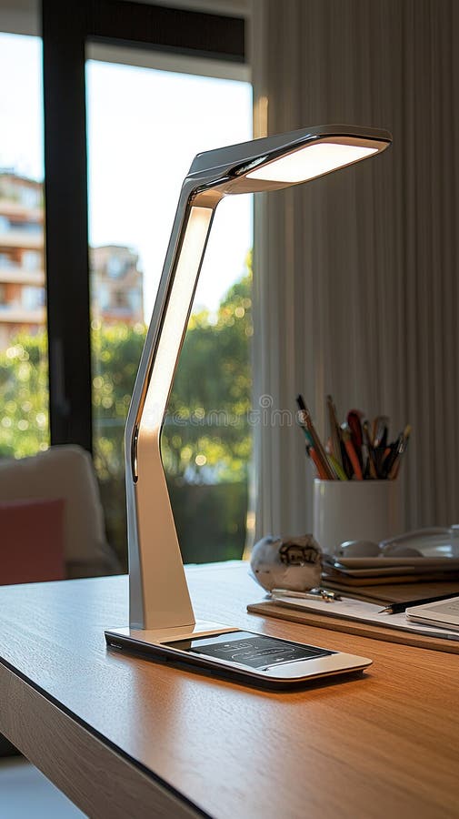 Modern Desk Lamp Illuminating Workspace with Phone Charging, City View ...
