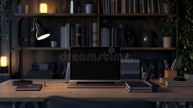 Modern Dark Workspace Laptop Desk Setup Cozy Home Office Night Room ...