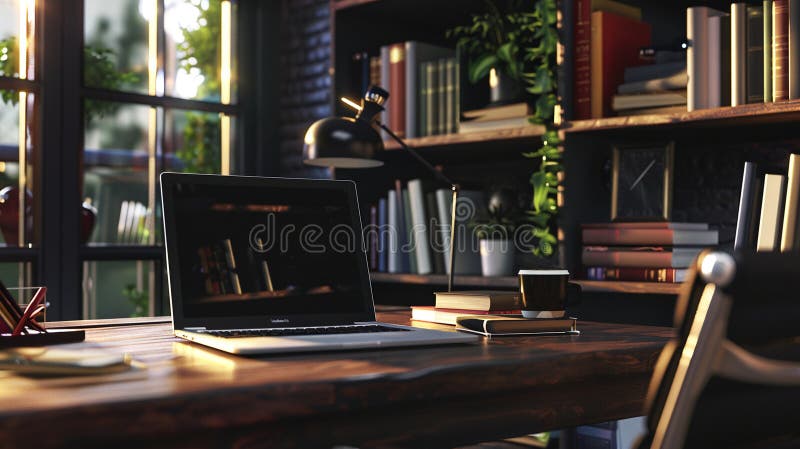 Modern Laptop Workspace Cozy Home Office Desk Setup Bookshelf Room Warm ...