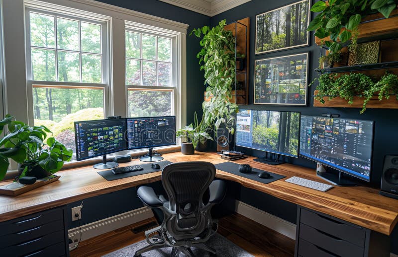 Modern Desk with Laptop Computer Standing in Home Office Stock Photo ...
