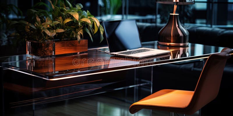 Modern Desk with a Laptop in a Modern Elegant Glass Office Stock ...