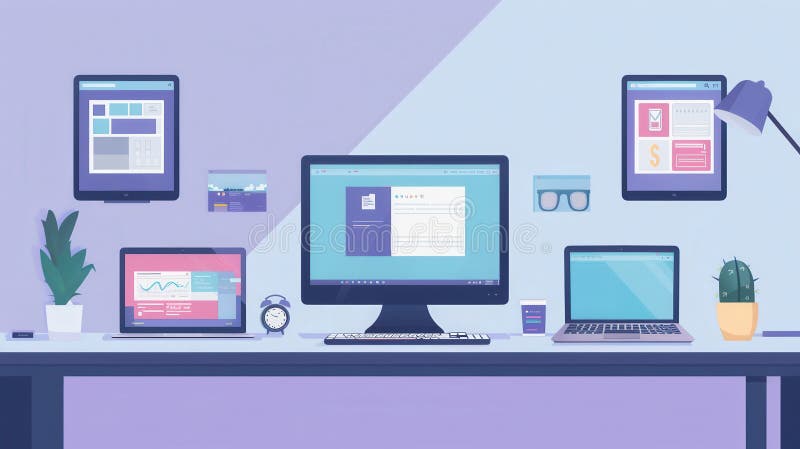 A Modern Desk with a Laptop, Tablet, and Computer Displaying Vibrant ...
