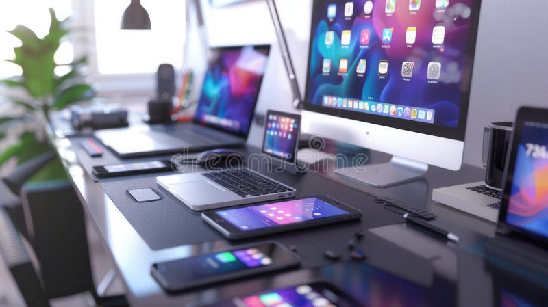 A Modern Desk with Multiple Laptops and Tablets, Showcasing Vibrant ...