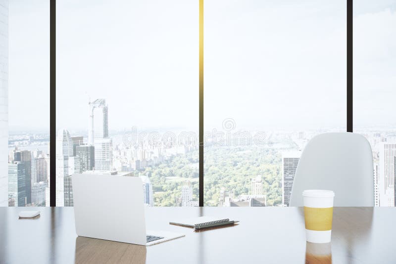 Modern Desk in an Office with a Window and a View of the City Stock ...