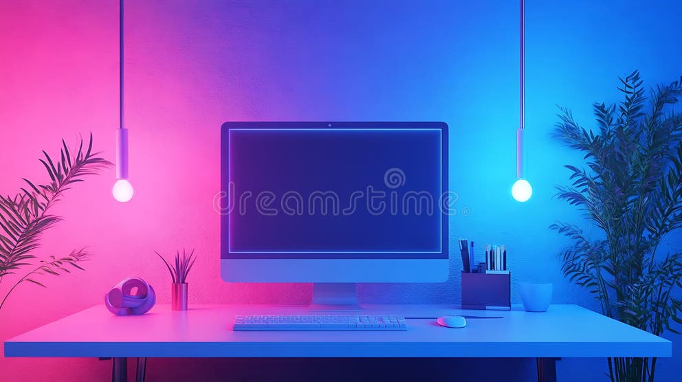 A Modern Desk Setup with Computer and Ambient Colored Lighting Stock ...
