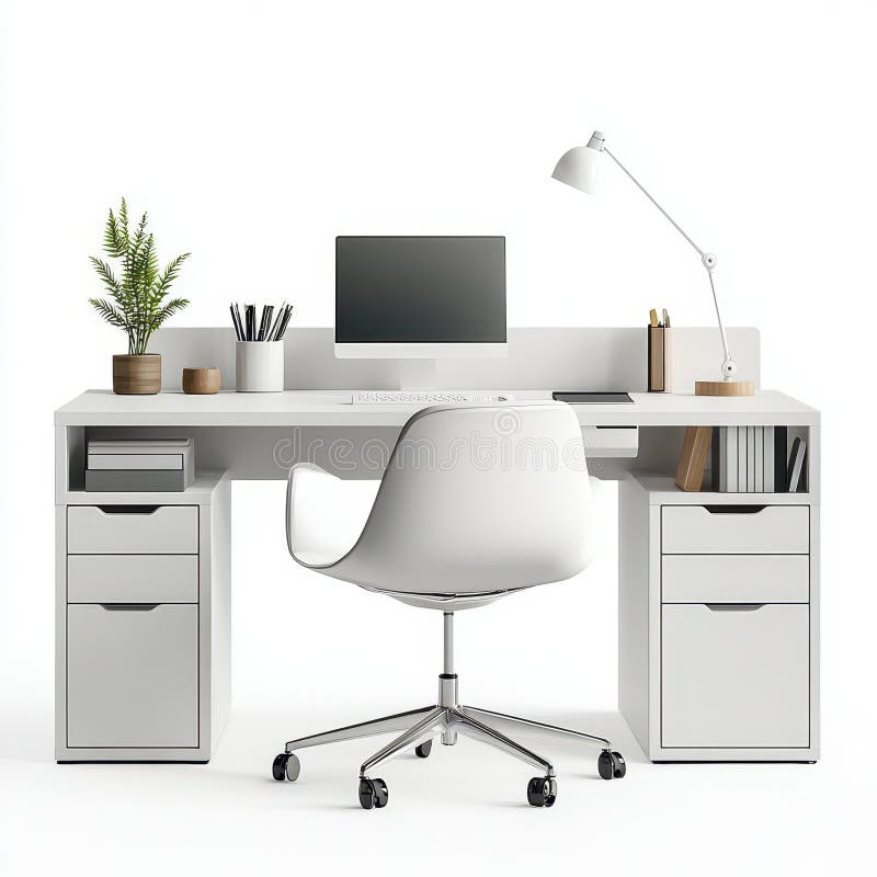 A Modern Desk Setup with a Computer, Chair, and Decorative Elements for ...