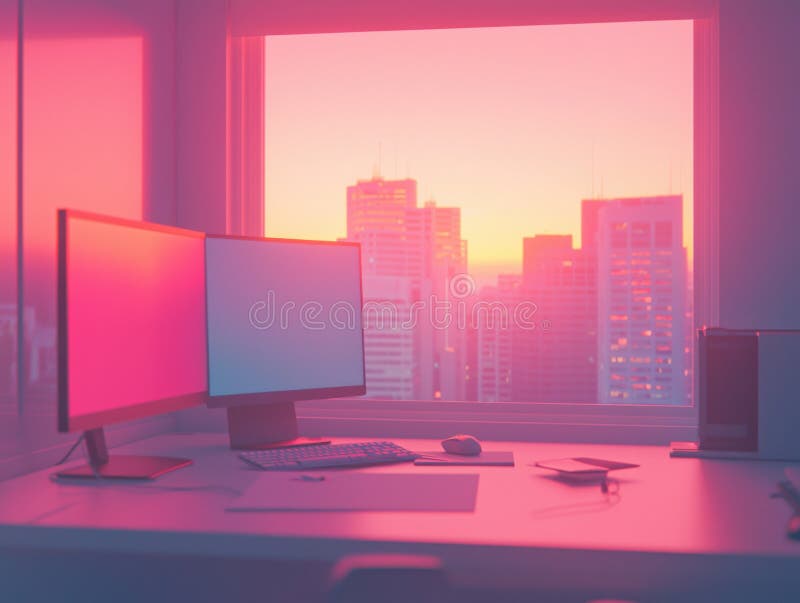 Modern Desk Setup with Computer and Keyboard Ideal for Productive Work ...