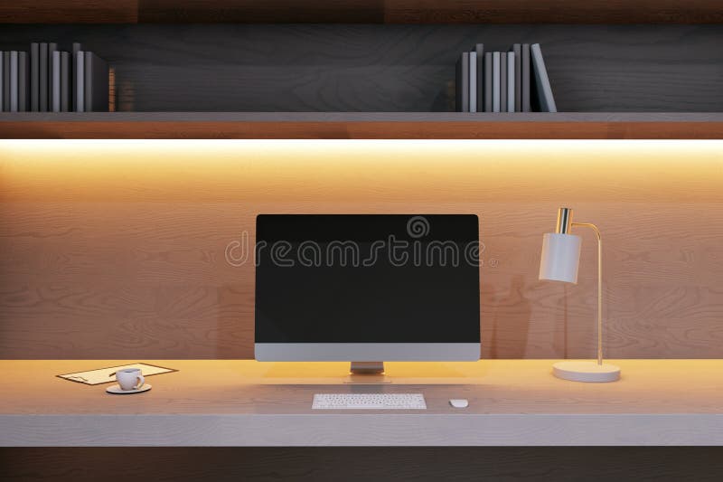 Modern Desk Setup with Computer and Lamp in Luxury Office. 3D Rendering ...