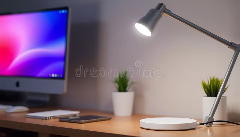 Modern Desk Setup with Computer and Minimalist Lamp Generative AI Stock Illustration ...
