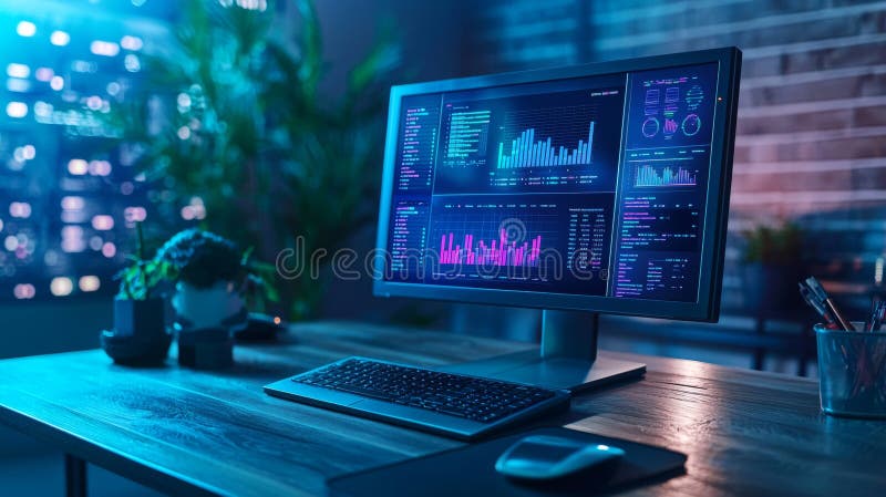 Modern Desk Setup with Data Analysis on a Screen in a Dim Office Stock ...