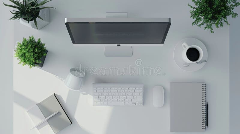 Modern Desk Setup with a Desktop Computer, Plants, and a Coffee Cup on ...