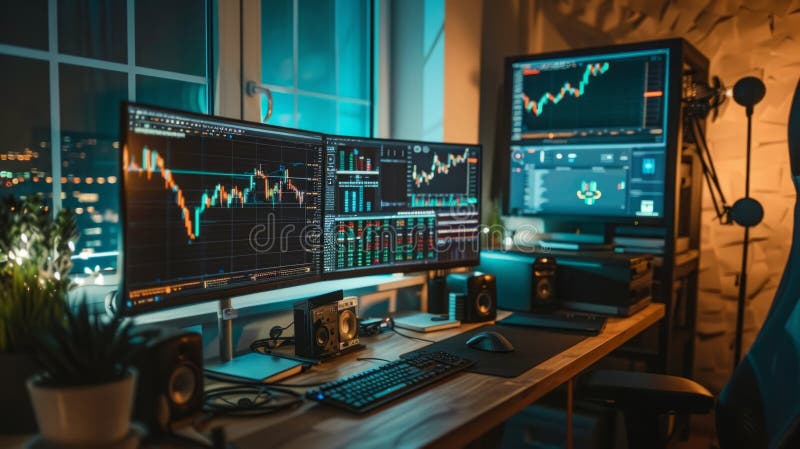 Modern Desk Setup with Dual Monitors and Keyboard Stock Photo - Image ...