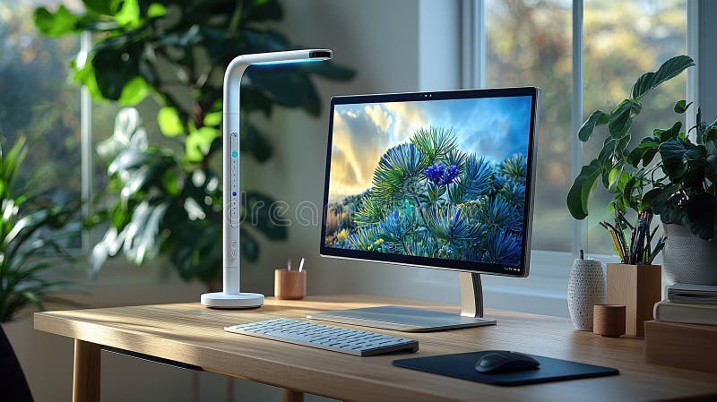 Modern Desk Setup with Ergonomic Lamp and Computer Stock Illustration ...