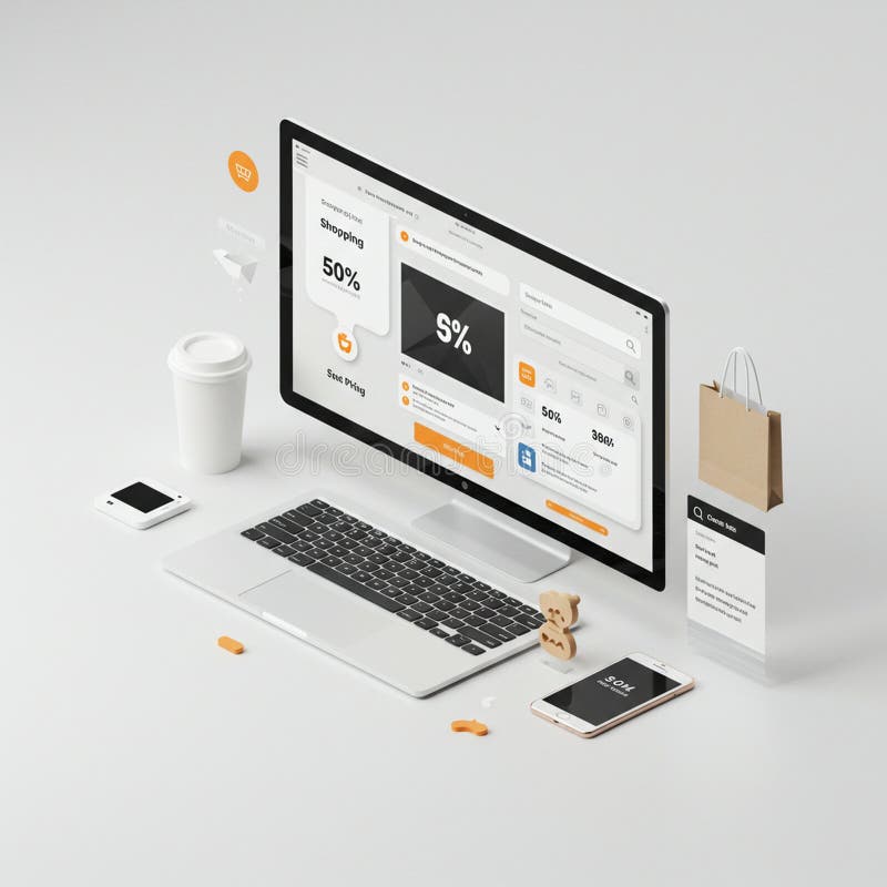 A Modern Desk Setup Features a Laptop with an E-commerce Website ...