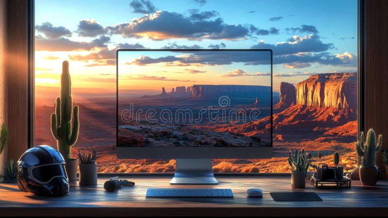 Scenic Desk Setup with Desert View at Sunset Generative AI Stock ...