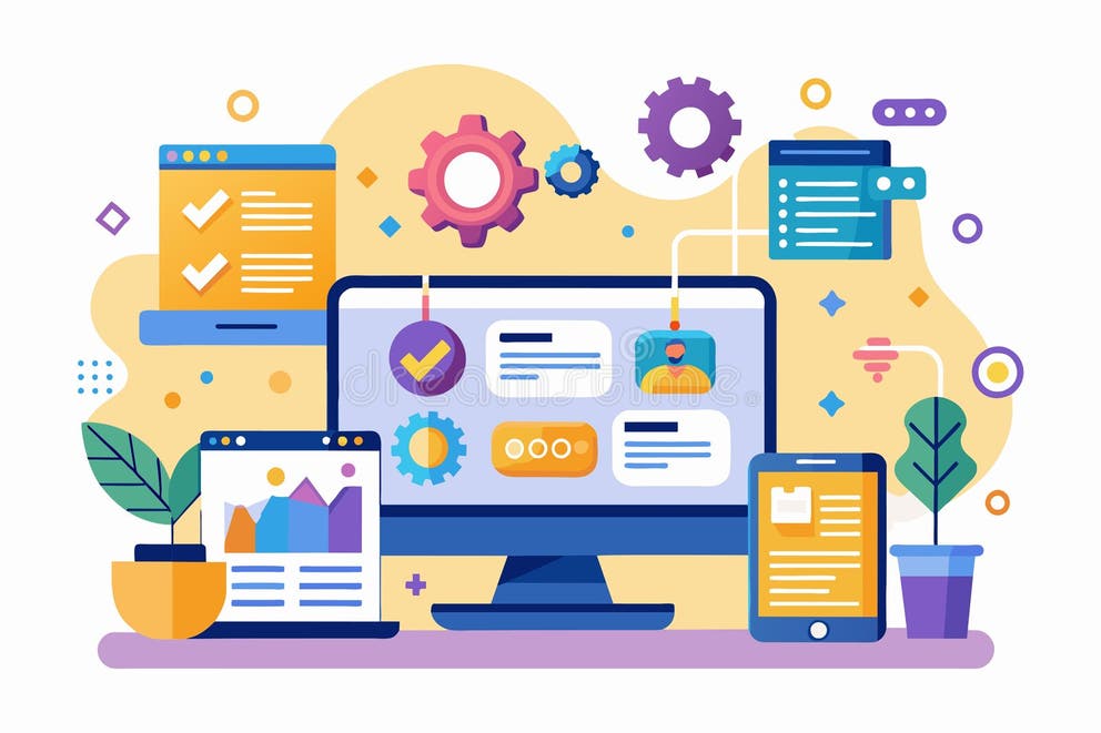 A Modern Desk Setup Featuring a Computer, Tablet, Phone, and Plant, Application Programming ...