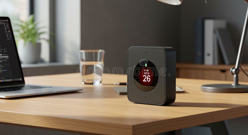 Modern Desk Setup Featuring a Digital Clock Device with a Rounded ...
