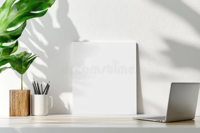 Modern Desk Setup with Frame or Poster Mockup and Laptop Stock Image ...