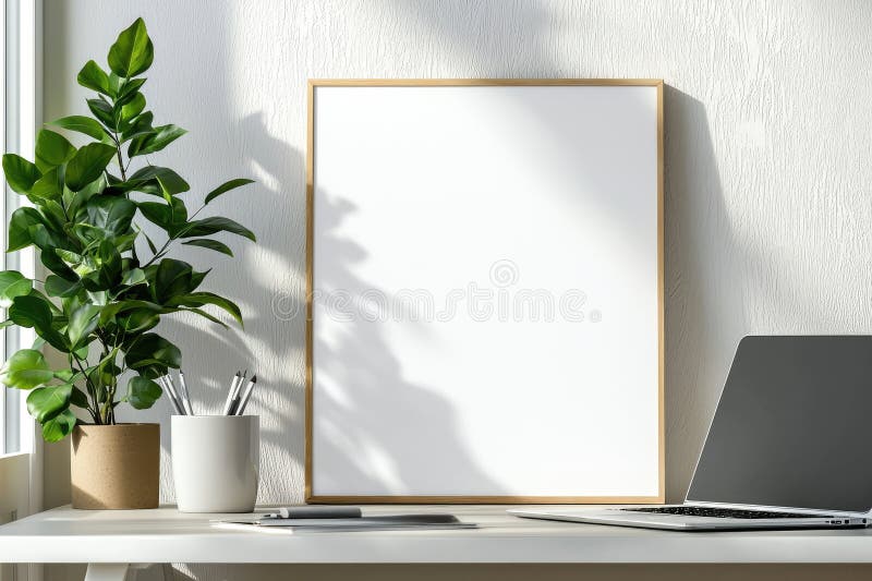 Modern Desk Setup with Frame or Poster Mockup and Laptop Stock Photo ...