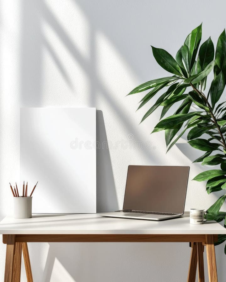 Modern Desk Setup with Frame or Poster Mockup and Laptop Stock Image ...