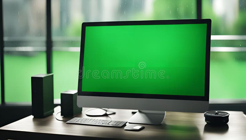 Modern Desk Setup with Green Screen Monitor Stock Illustration ...