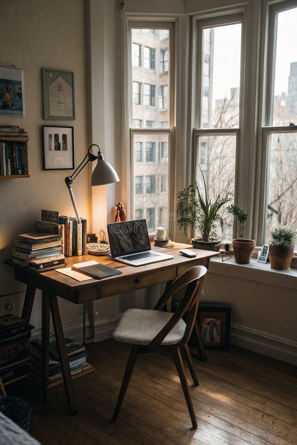 Desk with Lamp and Chair by Corner Windows Stock Illustration ...