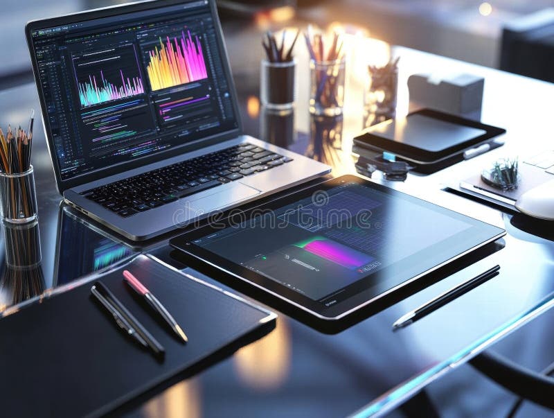 Modern Desk Setup, Laptop, Tablet, and Digital Tools Enhance ...