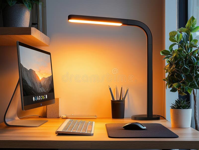Modern Desk Setup with LED Desk Lamp for Enhanced Productivity Stock Illustration - Illustration ...