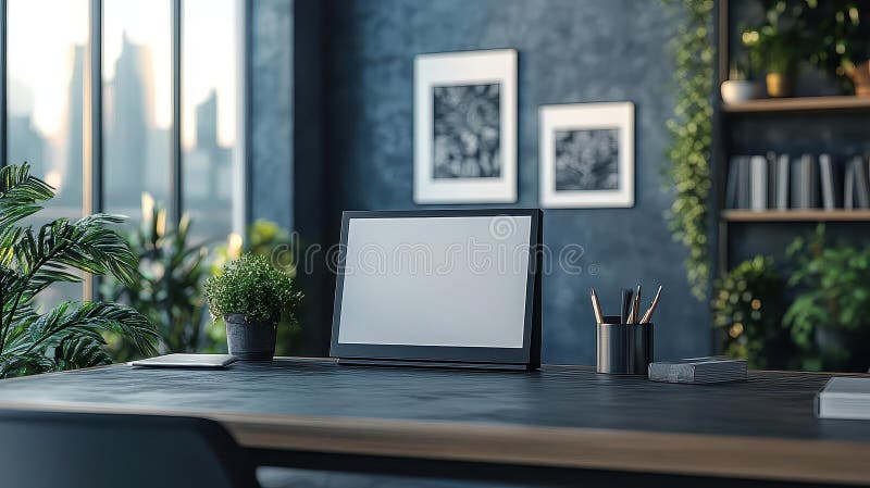 Modern Desk Setup with Minimalist Design and Green Plants, Creating a ...