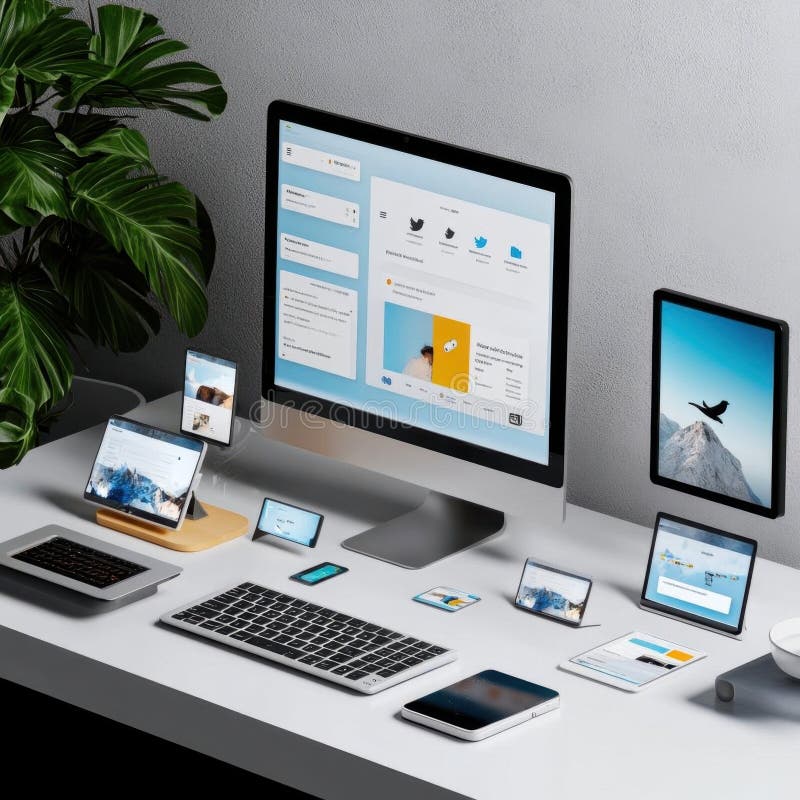 Modern Desk Setup with Multiple Devices & Keyboard Stock Illustration ...