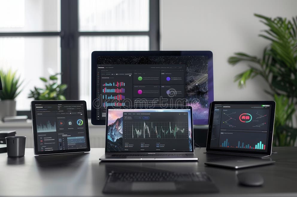 A Modern Desk Setup with Multiple Laptops and Tablets, All Displaying ...