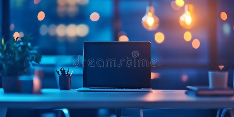 Modern Desk Setup at Night with Warm Lighting Stock Illustration ...