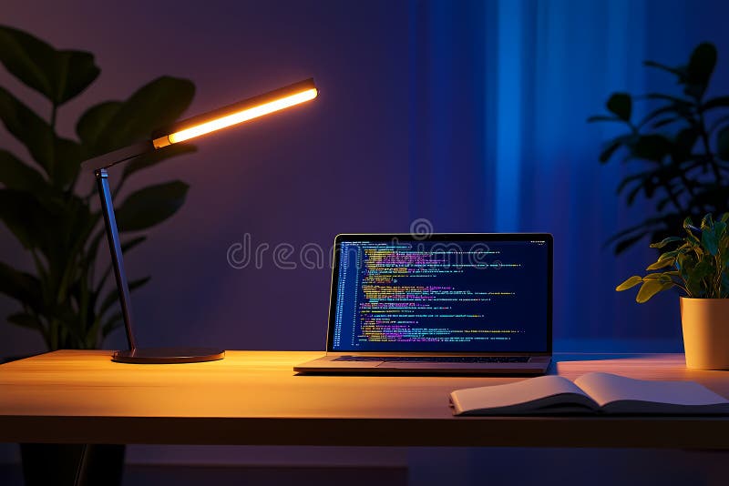 Modern Desk Setup Showing Software Development on a Laptop at Night ...